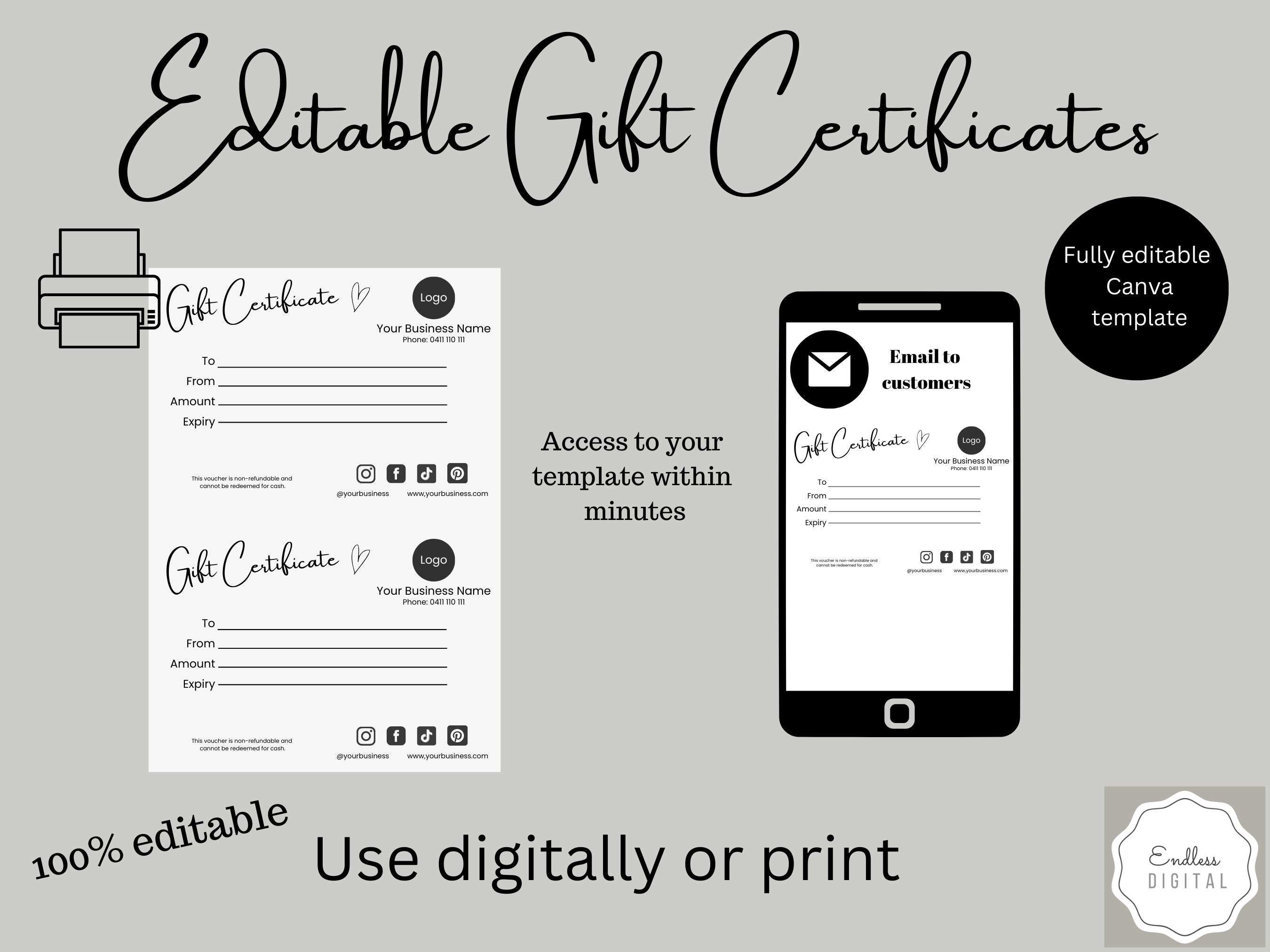 Editable Gift Certificate Template, DIY Gift Card, Small Business ...