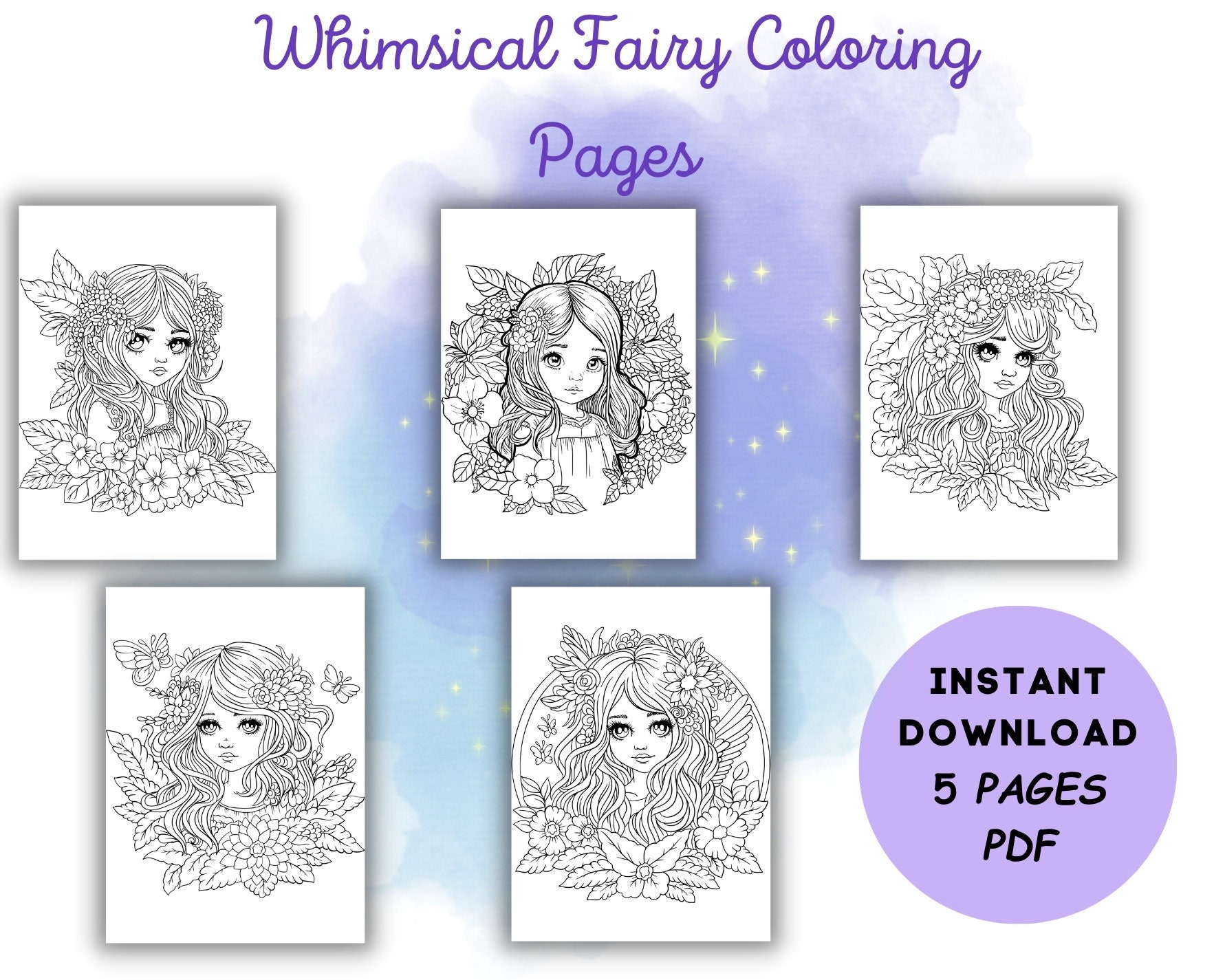 Coloring Pages-whimsical Fairy Coloring Pages-5 Page Pdf-coloring Pages ...