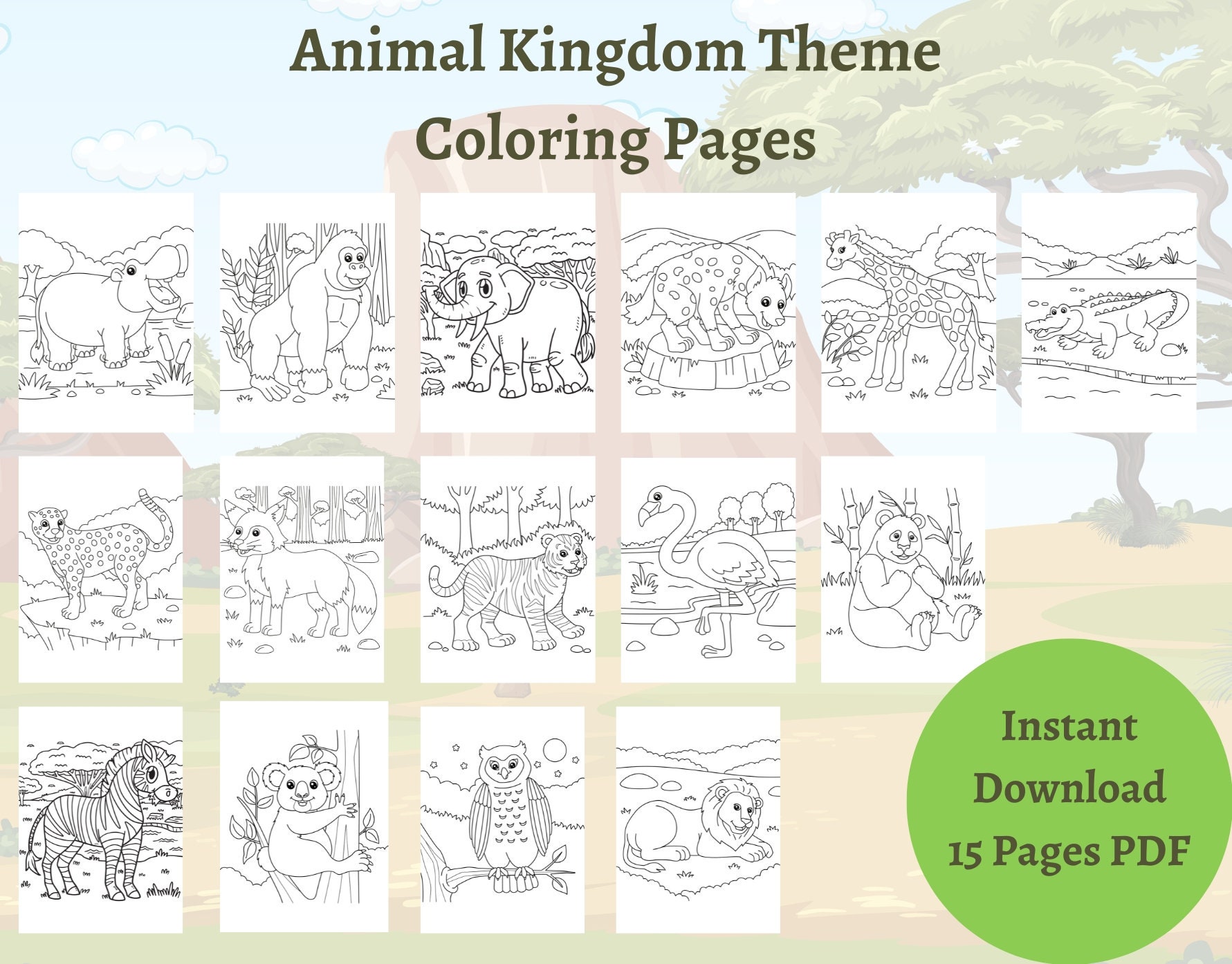 Coloring Pages for Kids-animal Theme-1 PDF 15 Pages - Etsy