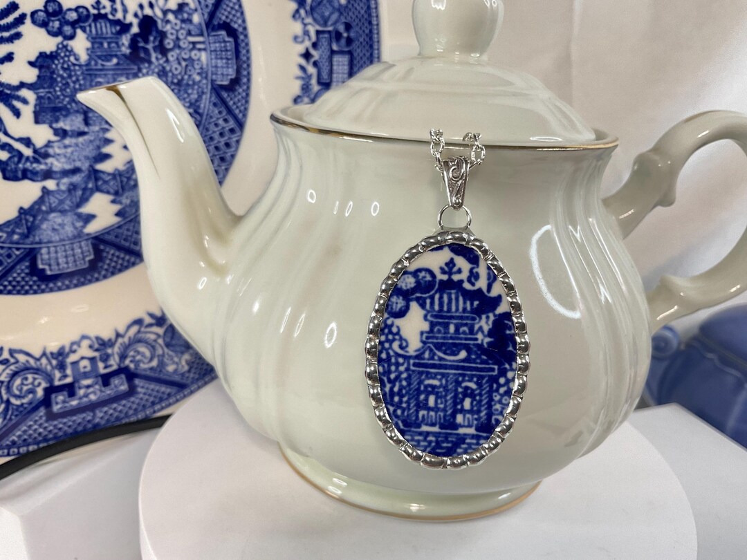 Blue Willow Pagoda! Broken China Oval Necklace - Etsy
