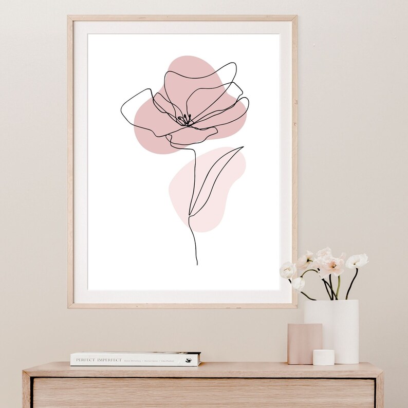 Poppy Line Art Print, Digital Wall Decor Print, Muted Dusty Pink Poppy ...