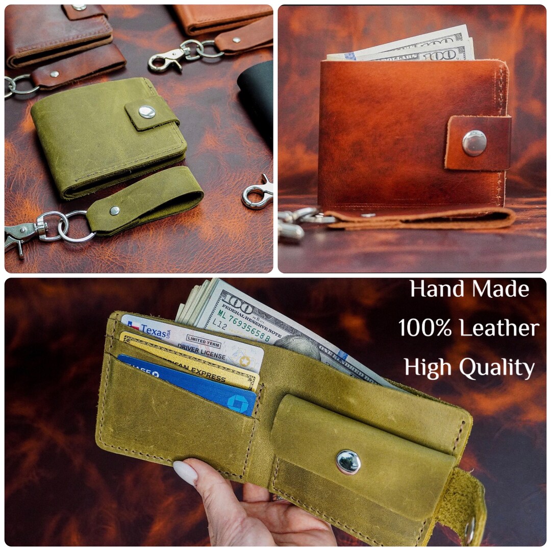 Men's Leather Slim Wallet Keychain Set, Handmade Leather Wallet Gift ...