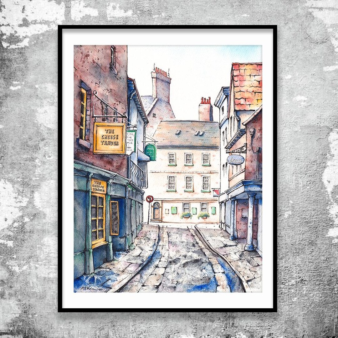 Grape Lane, Original Art Print by Ajkim Art, Ink&watercolour, Urban ...