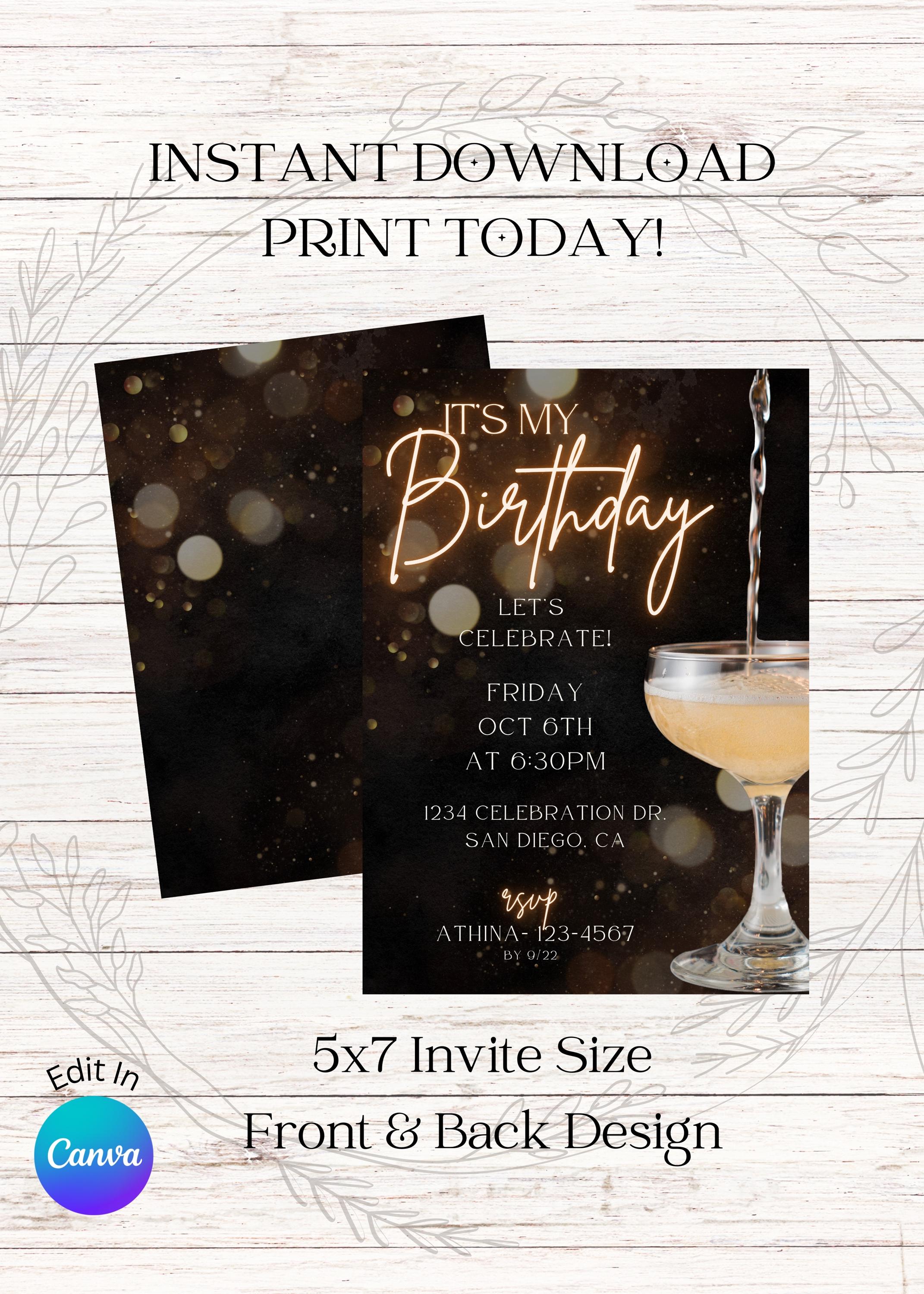 Birthday Invite, Cocktail Birthday Invite, 21st Birthday, Black and ...