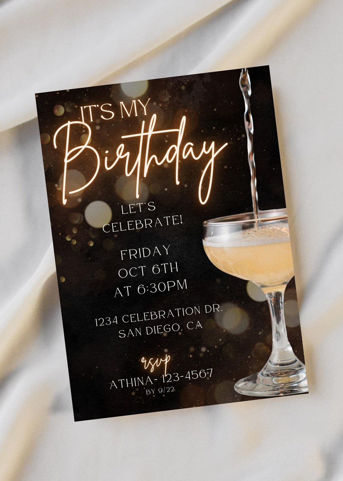 Birthday Invite, Cocktail Birthday Invite, 21st Birthday, Black and ...