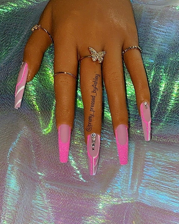 Pink Glitter Abstract French Tips W crystals Gel Press on Nails Pink Nails Bling Glitter Nails Nail Design Nail Art Luxury Nails Etsy
