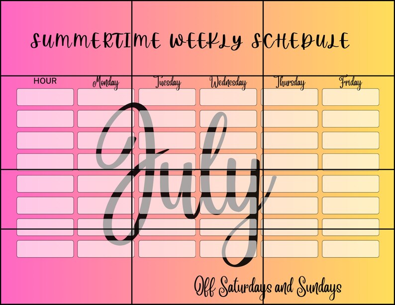 Blank Summertime Schedule Calendar july PDF Digital Download - Etsy