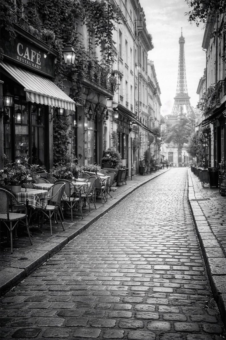 Parisian Café Street Scene — Eiffel Tower Print — Black & White Wall ...