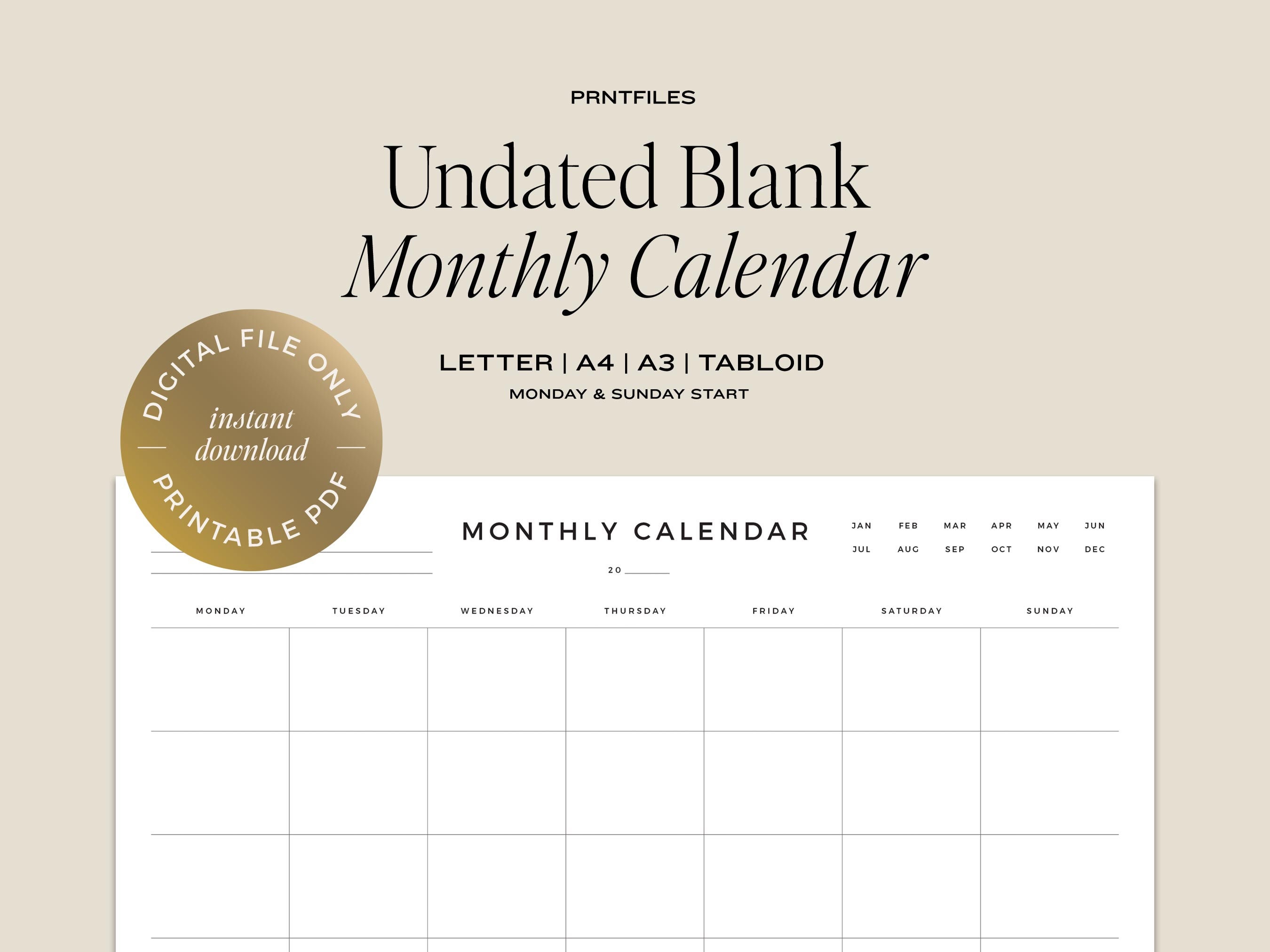 Undated Blank Monthly Calendar, Monthly Planner, Printable Calendar ...