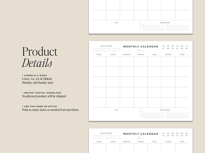 Undated Blank Monthly Calendar, Monthly Planner, Printable Calendar ...