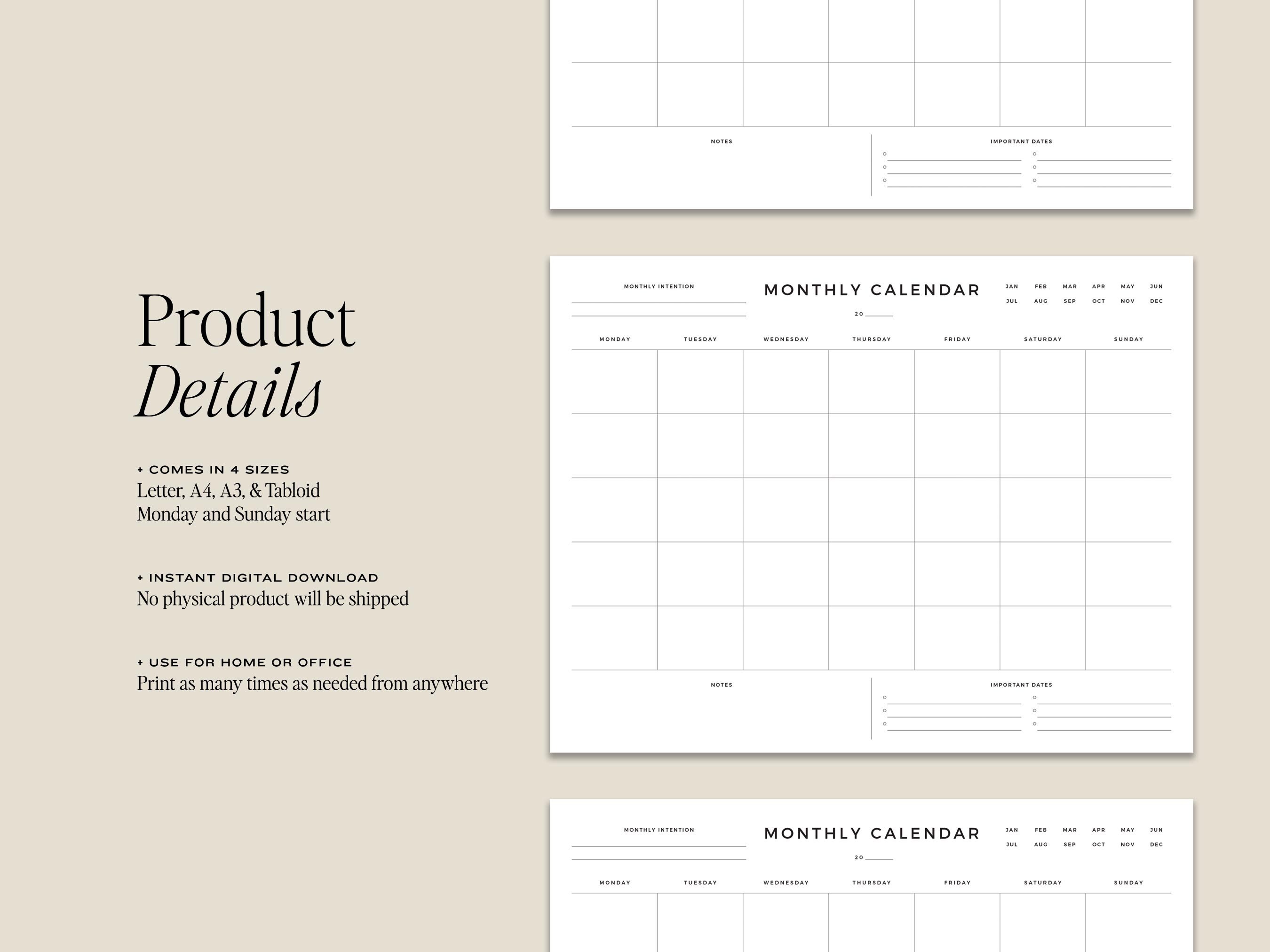 Undated Blank Monthly Calendar, Monthly Planner, Printable Calendar ...