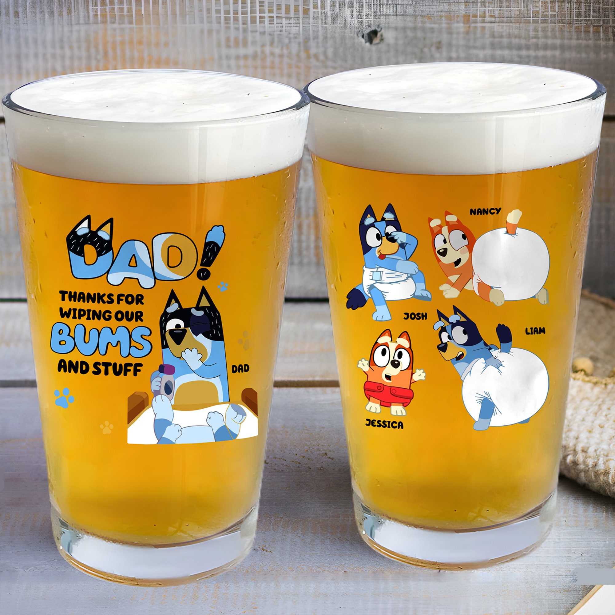 Personalized Bluey Beer Glass, Dad Bluey Thanks for Wiping Our Bums and ...