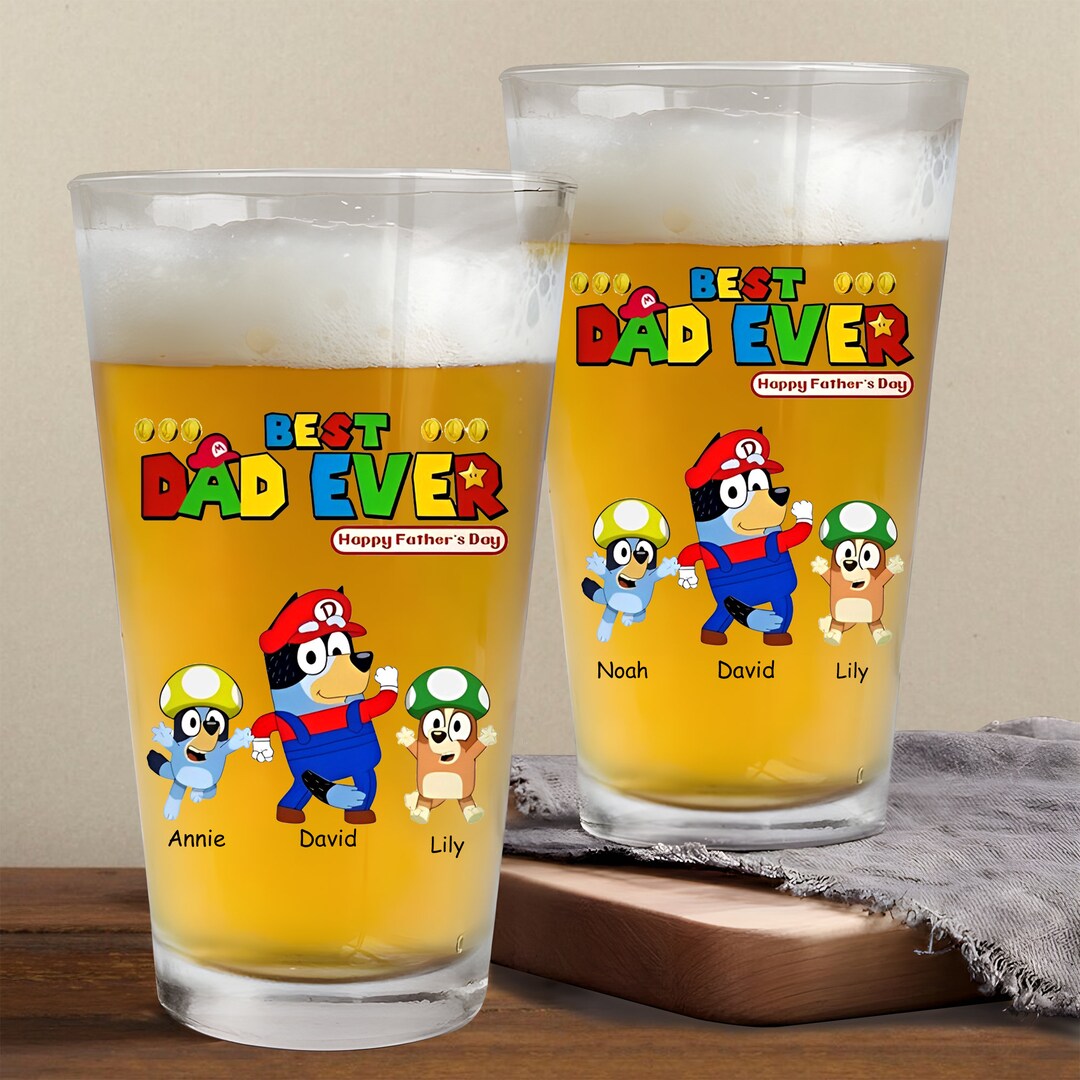 Super Mario X Bluey Personalized Bluey Beer Glass, Best Dad Ever Bluey ...