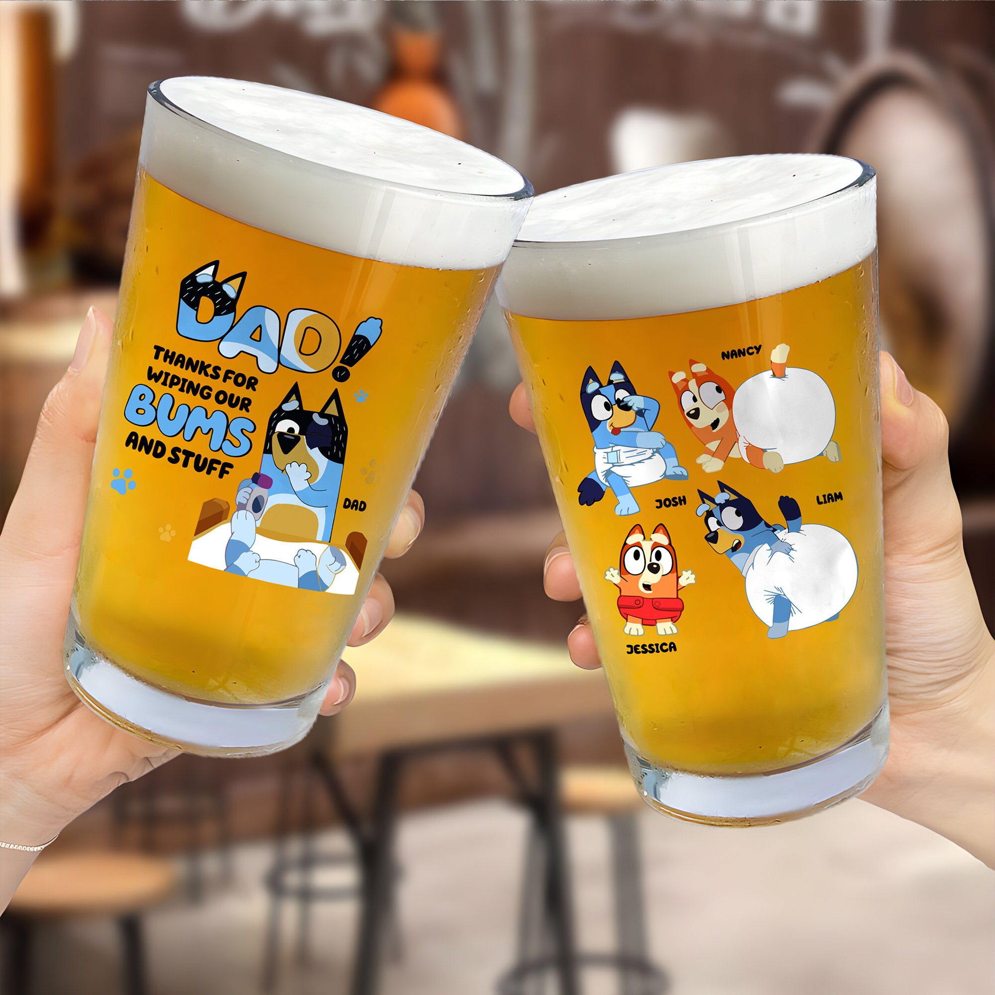 Personalized Bluey Beer Glass, Dad Bluey Thanks for Wiping Our Bums and ...