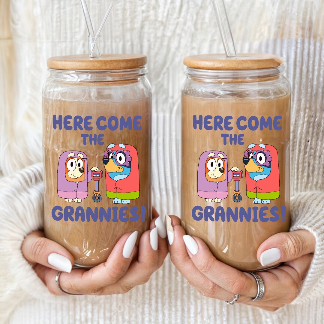 Bluey Here Come the Granies Personalized 16oz Glass Cup, Bluey Family ...