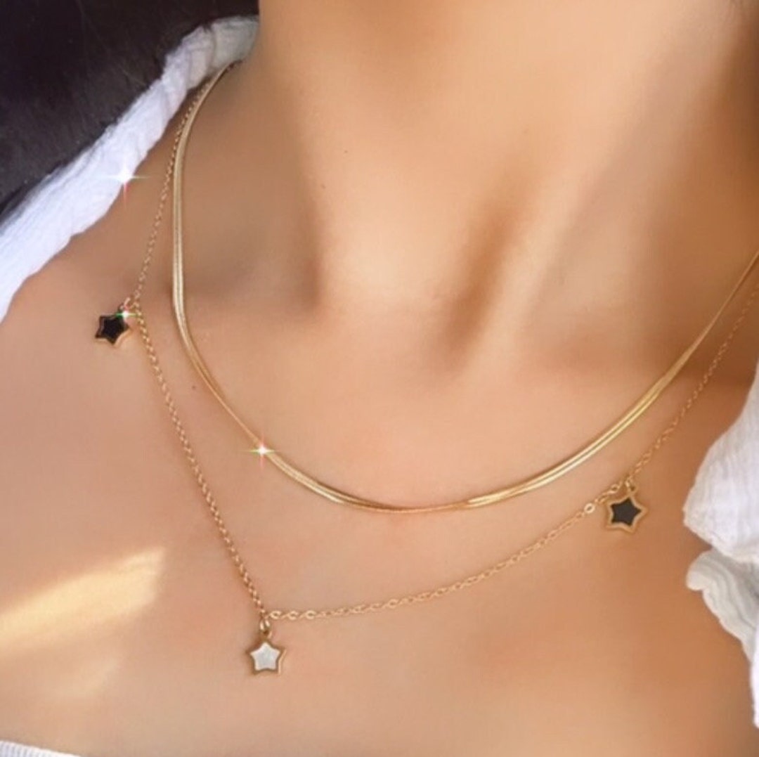 Stainless Steel Double Snake Chain Necklace Set 18k Gold Plated Shell ...