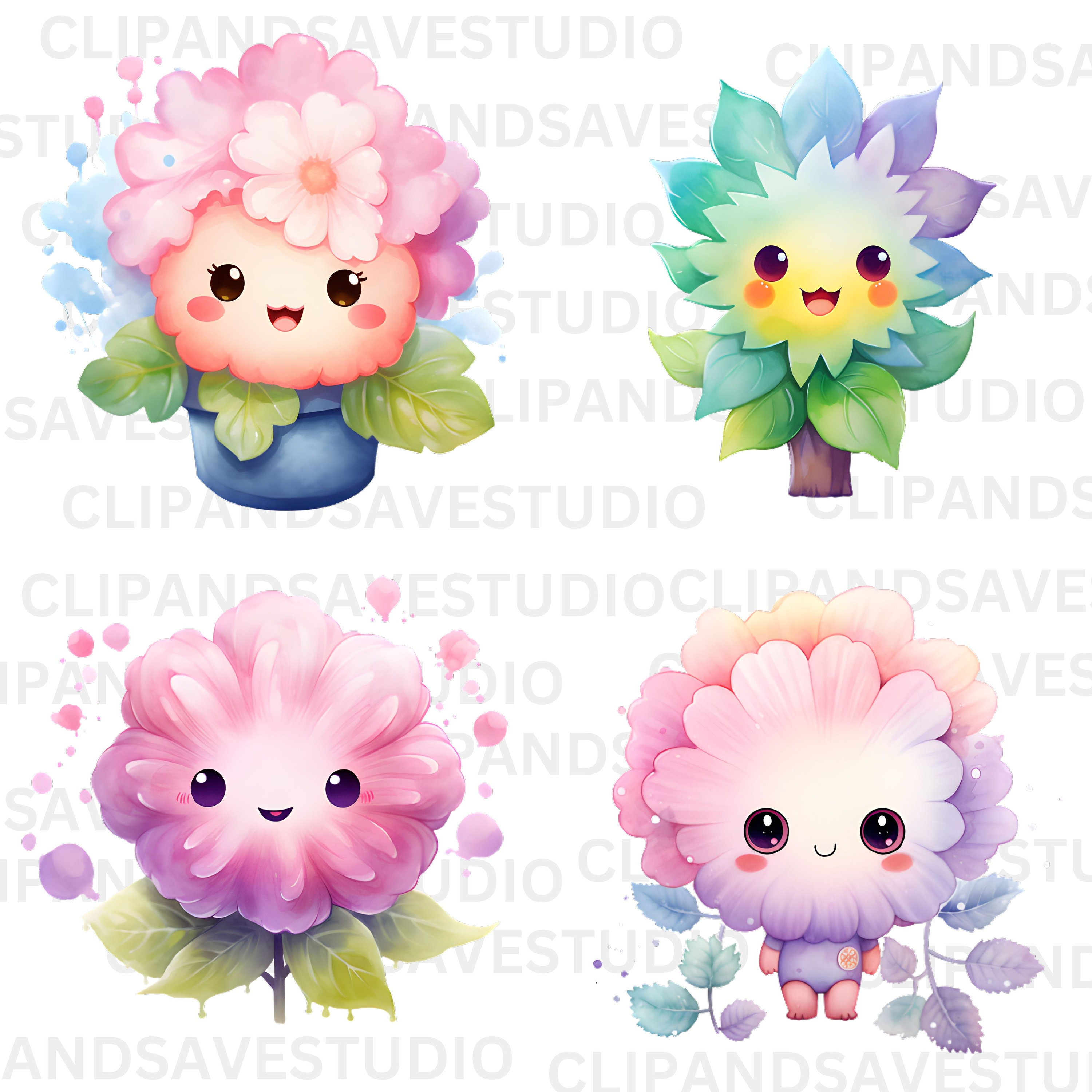 Watercolor Kawaii Flower Clipart Summer Spring DIY - Etsy