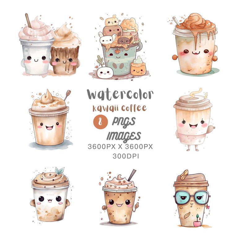 Watercolor Cute Kawaii Coffee Clipart Bundle,commercial Use,watercolor ...