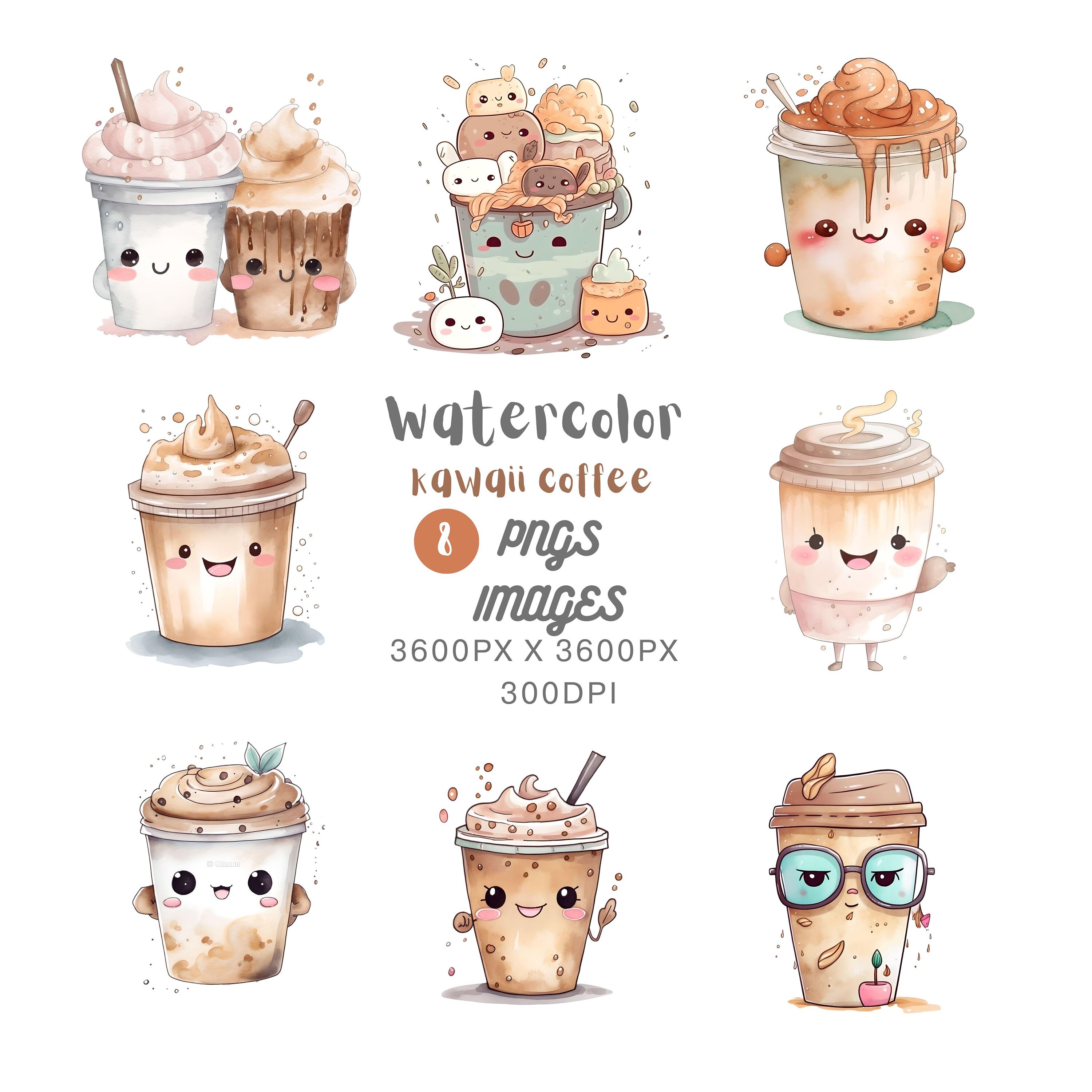 Watercolor Cute Kawaii Coffee Clipart Bundlecommercial - Etsy
