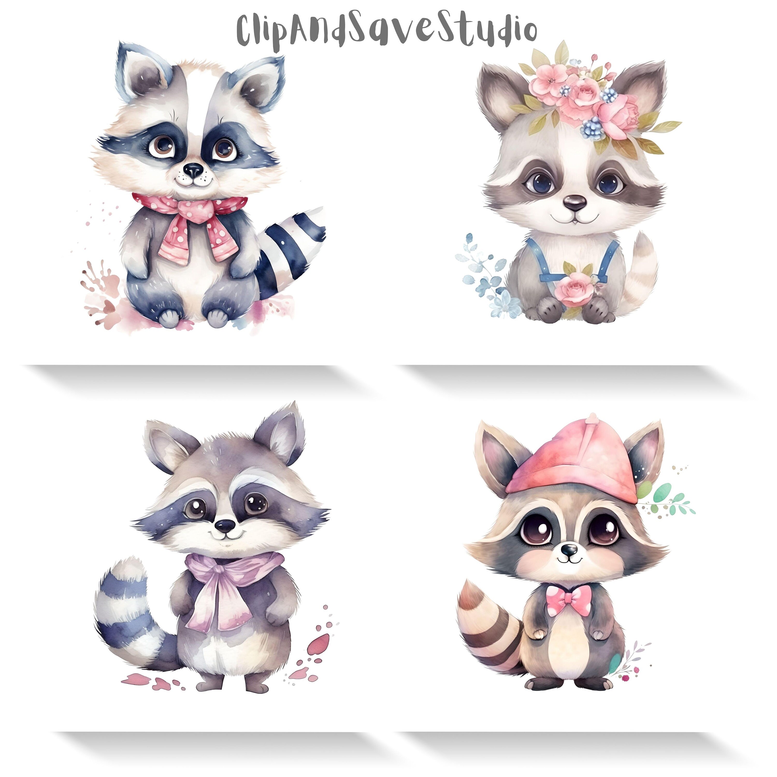 Watercolor Cute Kawaii Raccoon Clipart Bundlecommercial - Etsy