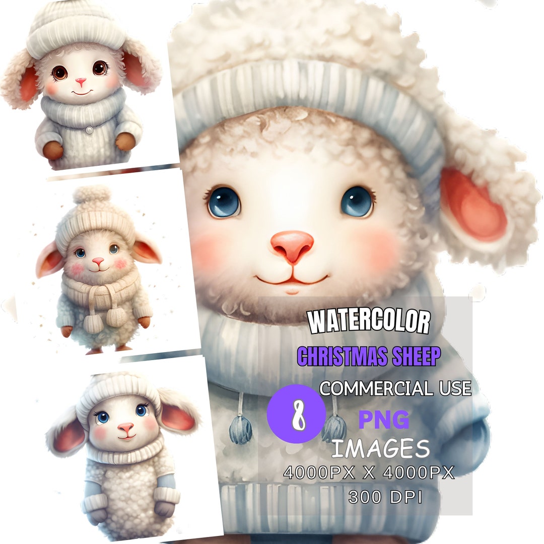 Christmas Sheep Watercolor Clipart Bundle Kawaii Digital Download for ...