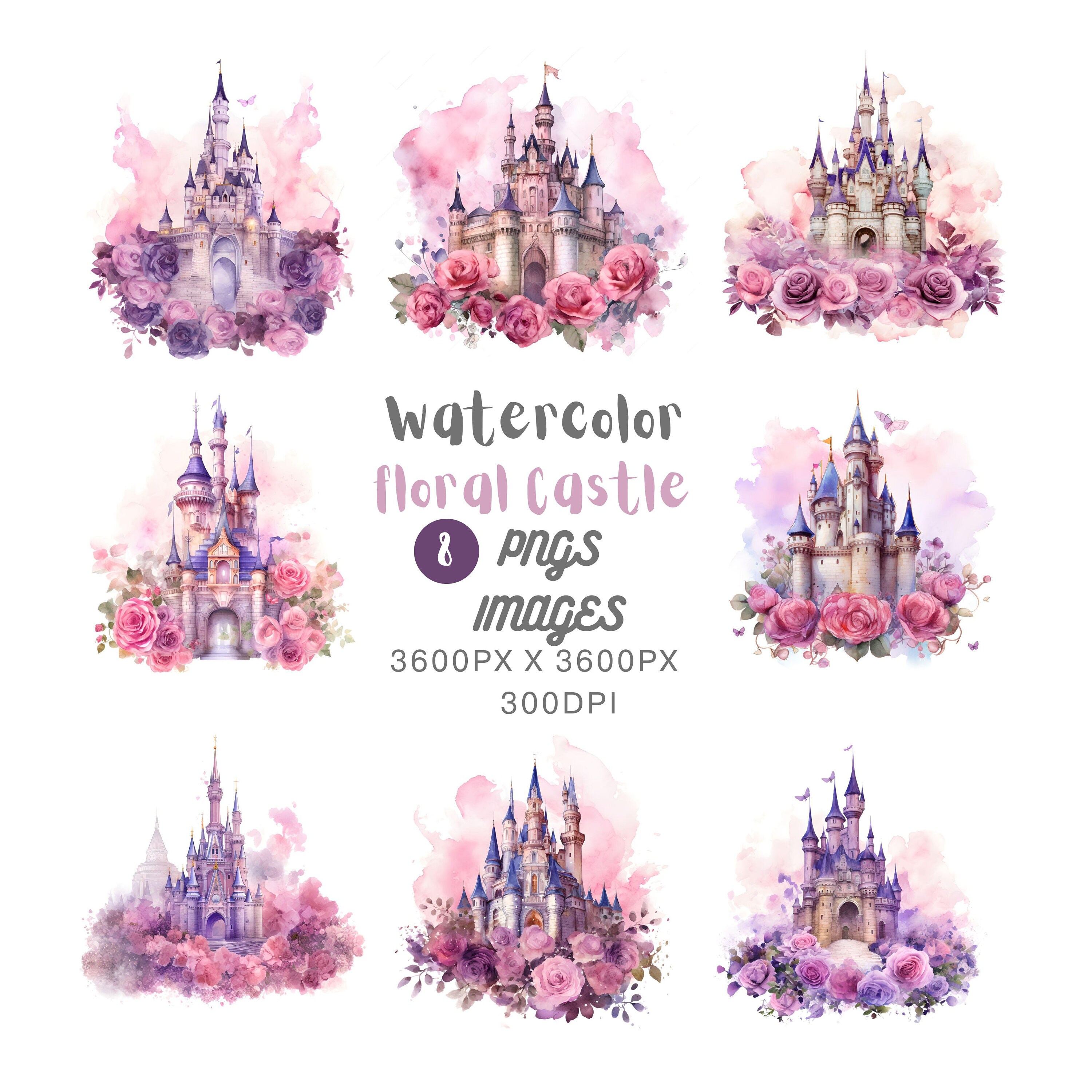 Watercolor Floral Rose Castle Clipart Bundle,commercial Use PNG Files ...