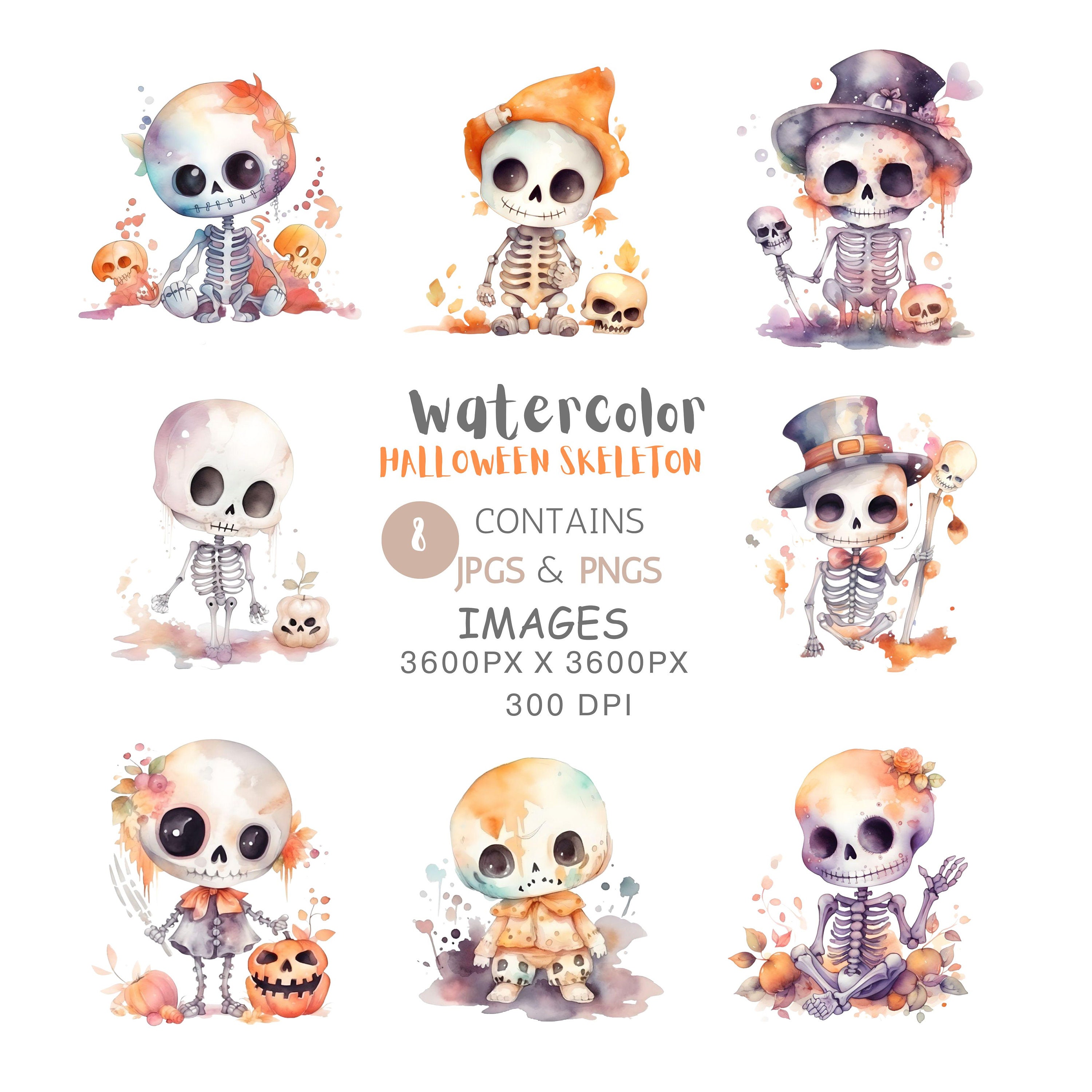 Watercolor Kawaii Halloween Skeleton Clipart, Commercial Use ...