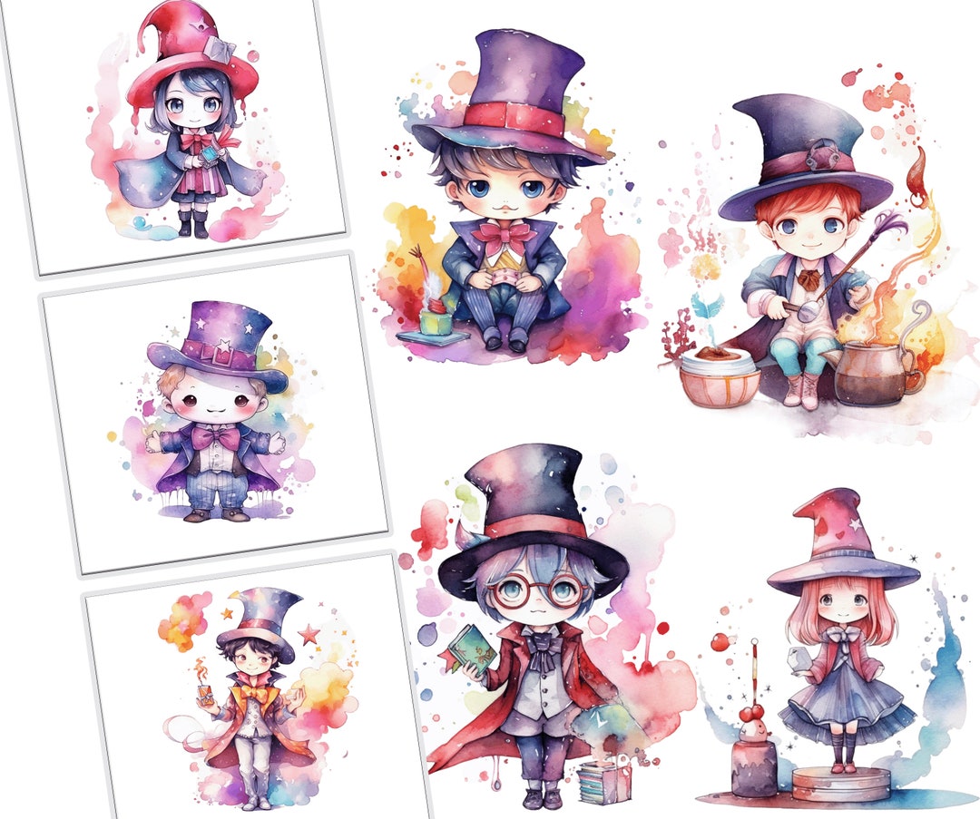 Magical Watercolor Kawaii Magicians Clipart Bundle Commercial - Etsy