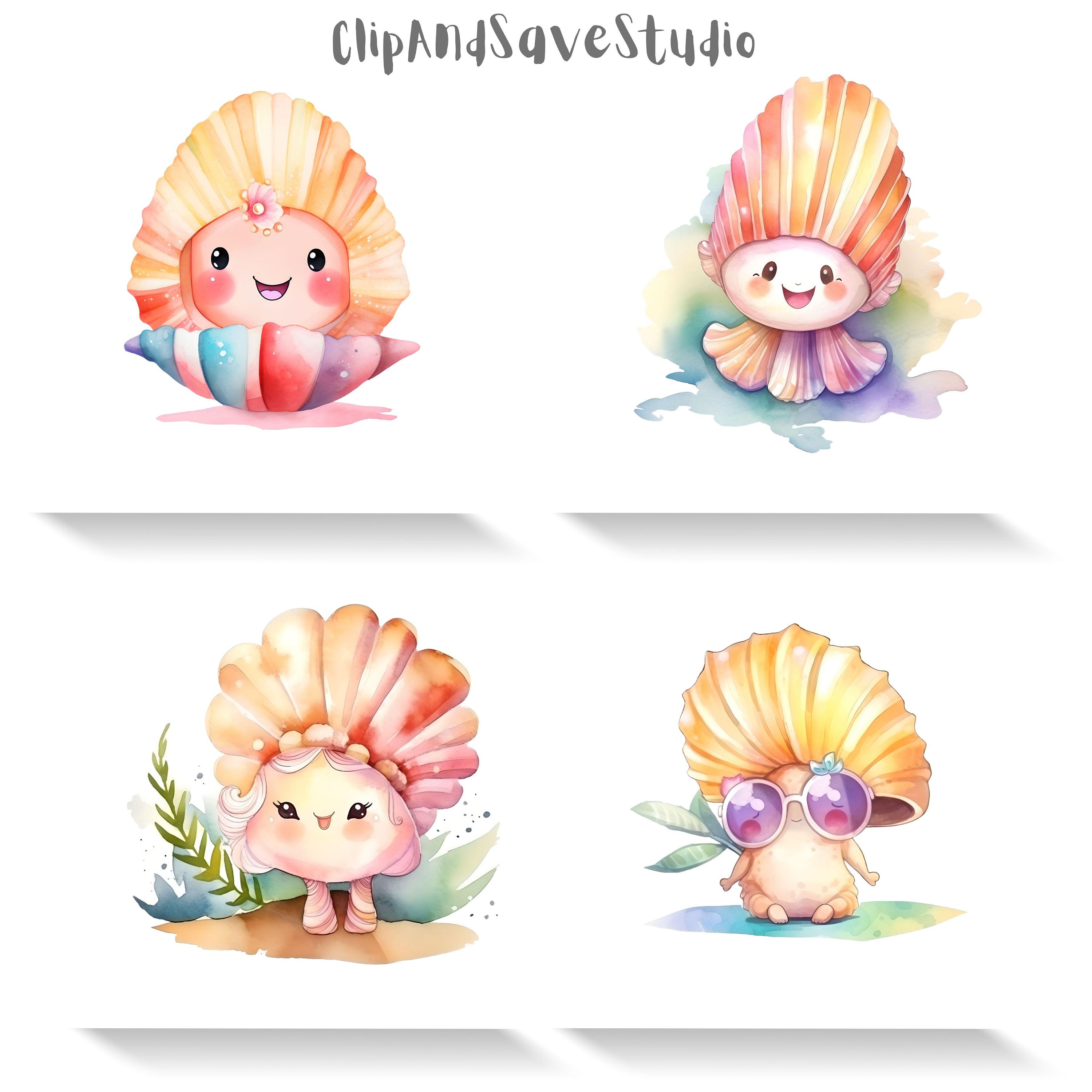 Watercolor Cute Kawaii Summer Seashell Clipart Bundle, Commercial Use ...