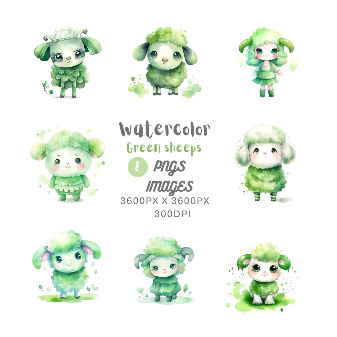 Watercolor Cute Green Sheep Clipart Bundle for Commercial Use - Etsy