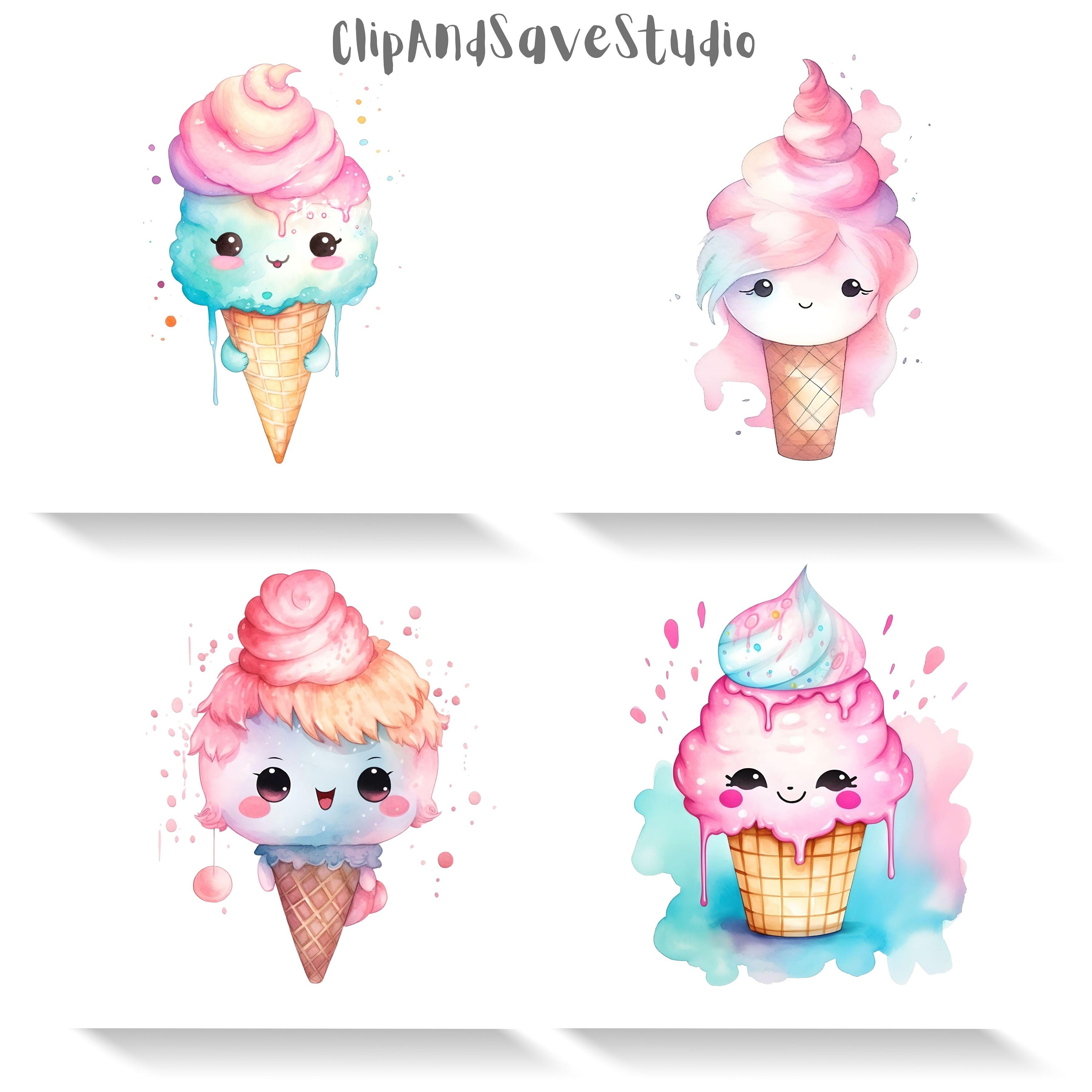 Watercolor Cute Kawaii Ice-cream Clipart Bundle Commercial - Etsy