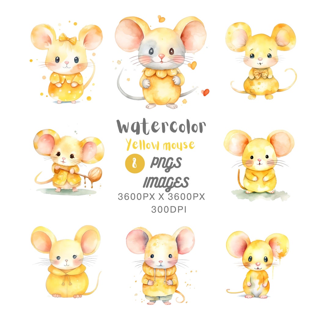 Watercolor Cute Yellow Mouse Clipart Bundle,commercial Use,watercolor ...