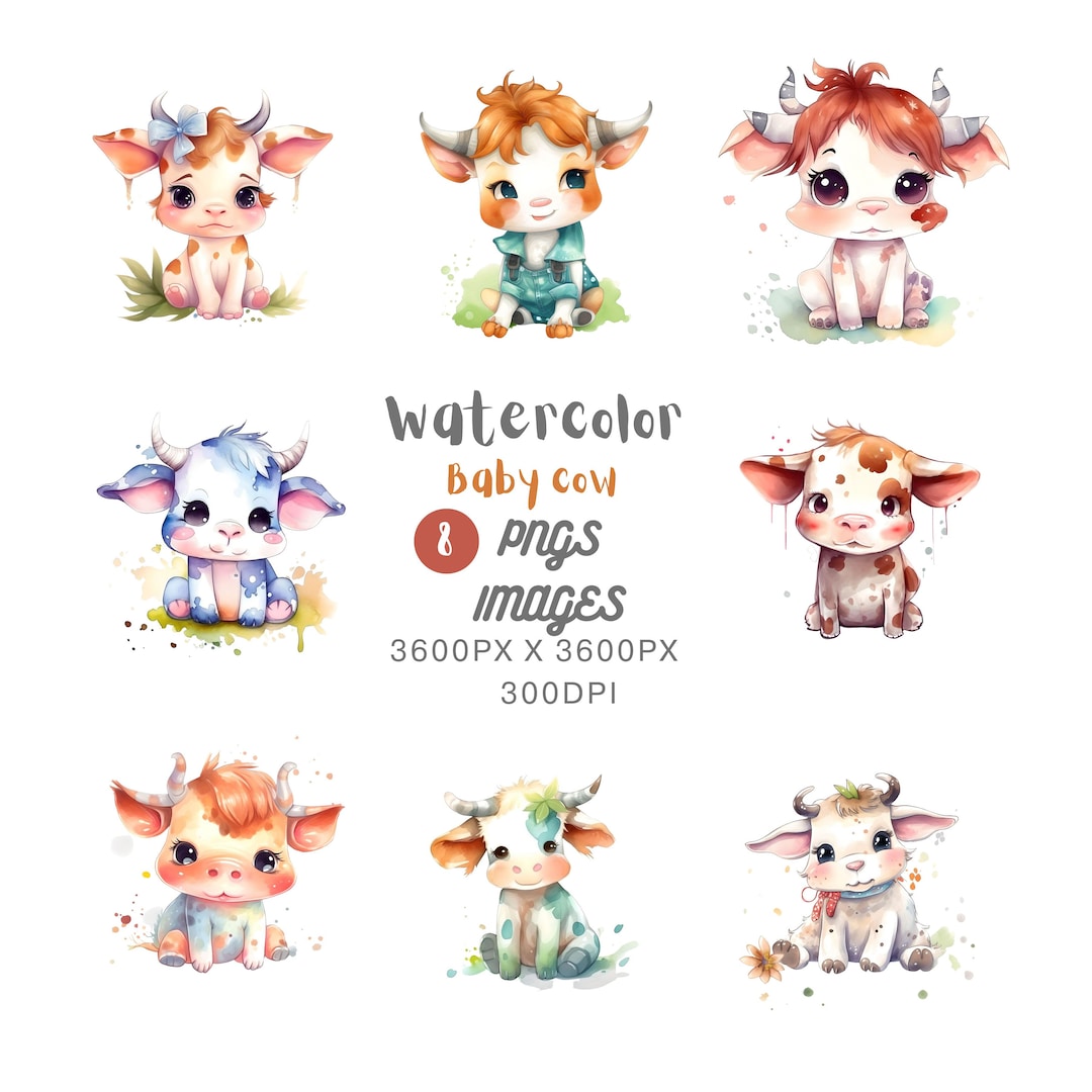 Watercolor Cute Kawaii Cow Clipart Bundle for Commercial Use,instant ...