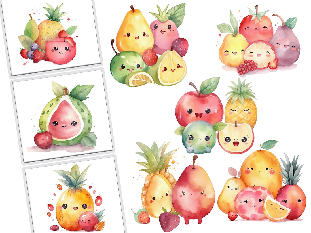 Cute Watercolor Kawaii Fruits Clipart Bundle for Commercial - Etsy