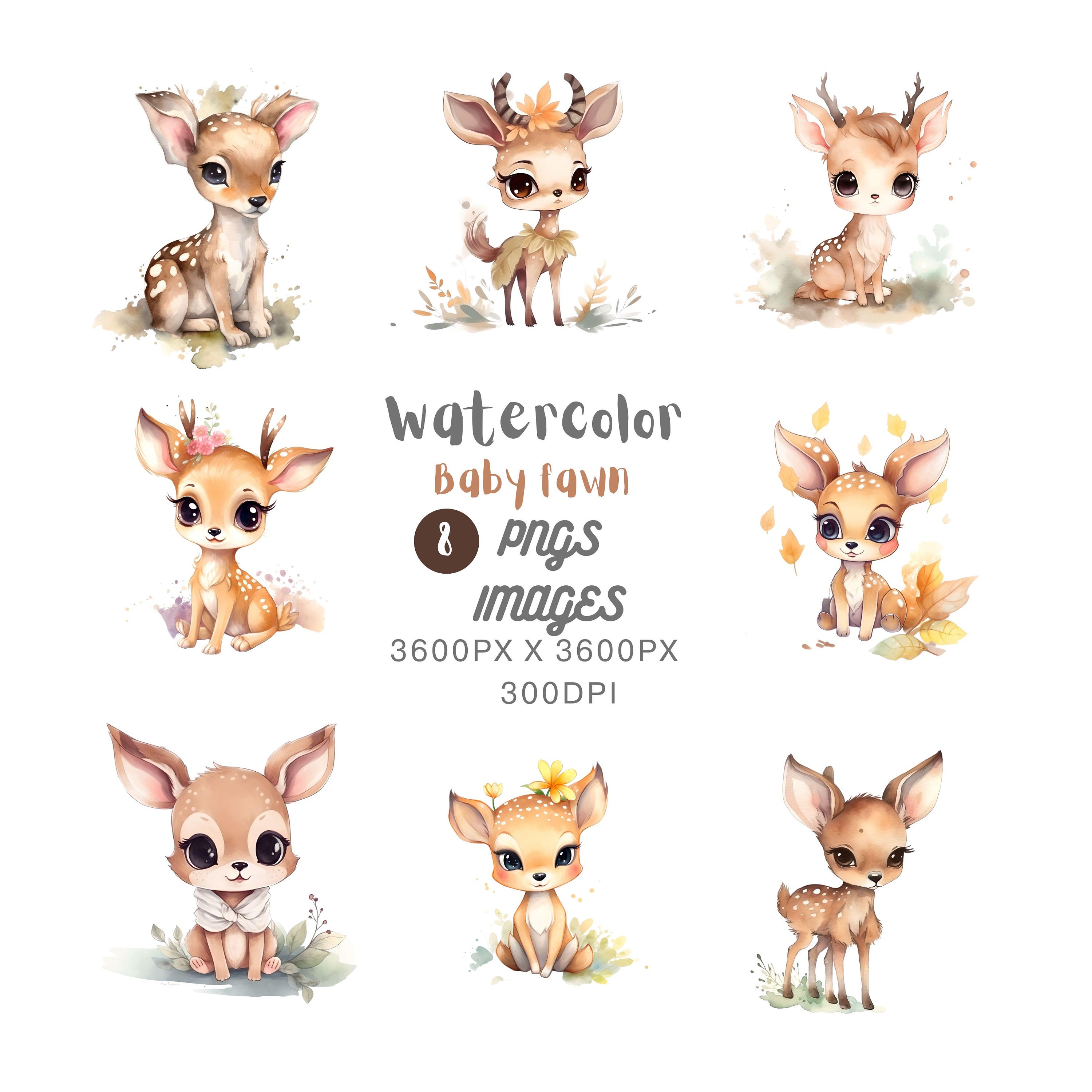Watercolor Cute Kawaii Fawn Clipart Bundle Ommercial Use PNG - Etsy