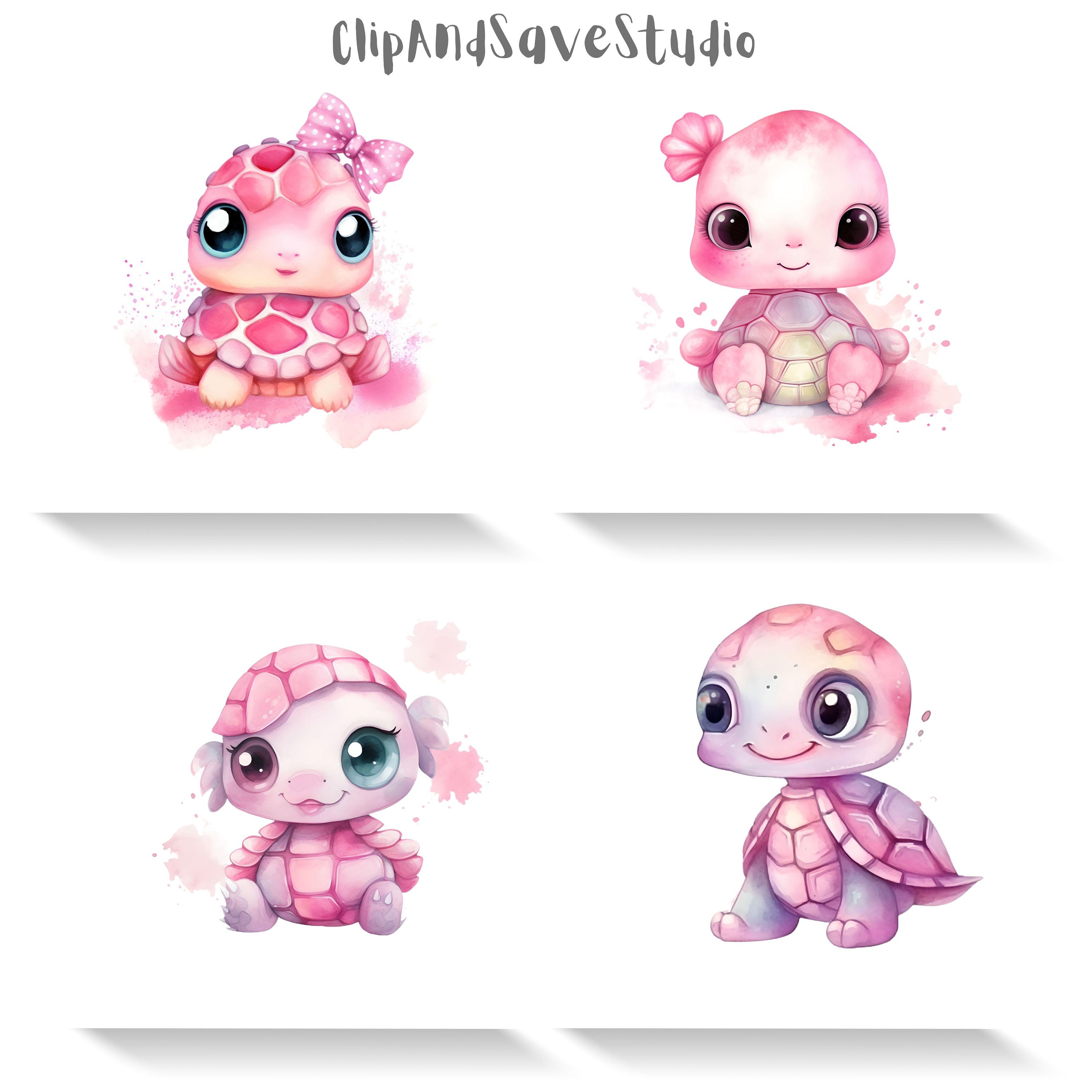 Watercolor Cute Kawaii Pink Turtle Clipart Bundle for - Etsy