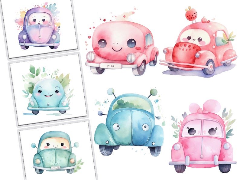 Cute Watercolor Kawaii Car Clipart Bundle for Commercial Use,kawaii Car ...