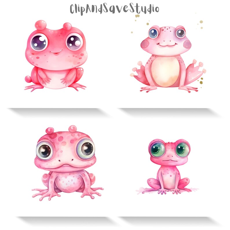 Watercolor Cute Kawaii Pink Frog Clipart Bundle Commercial Use PNG ...