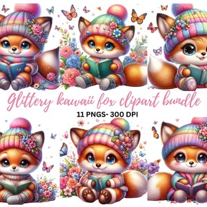 Spring Pastel Watercolor Clipart Bundle Glittery Kawaii Floral Fox ...