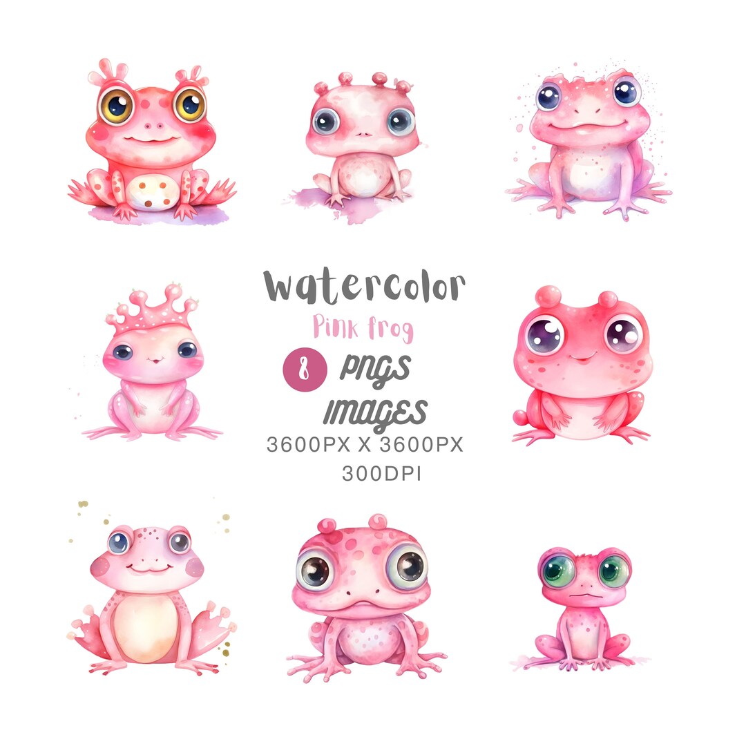 Watercolor Cute Kawaii Pink Frog Clipart Bundle Commercial Use PNG ...