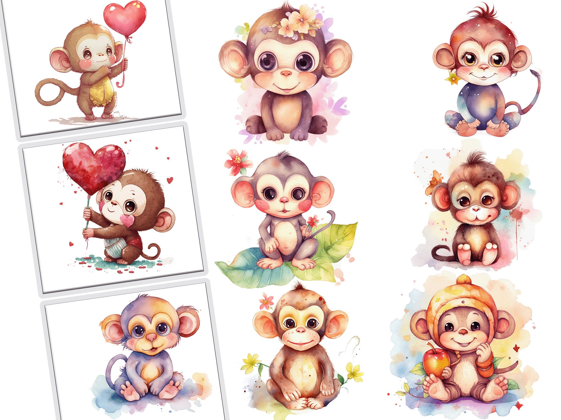 Adorable Watercolor Monkey Clipart Bundle for Commercial Use - Etsy
