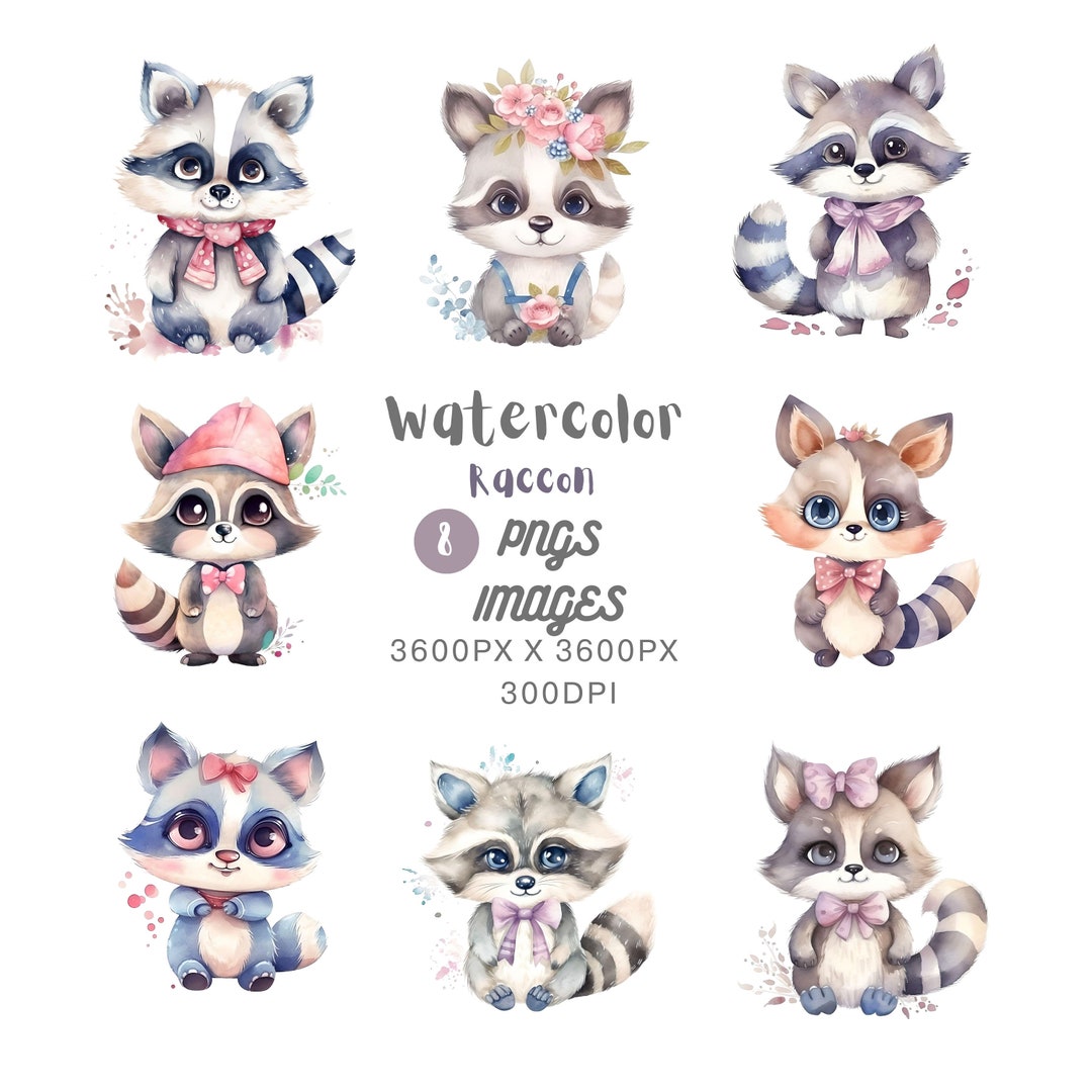 Watercolor Cute Kawaii Raccoon Clipart Bundle,commercial Use,woodland ...
