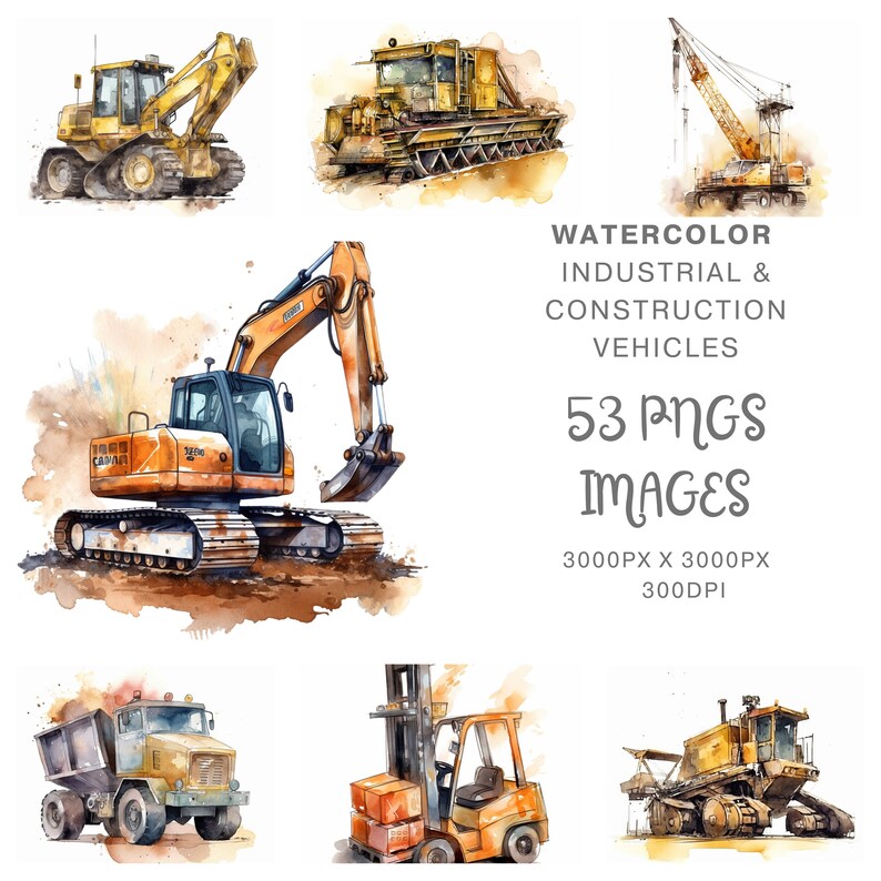 Watercolor Construction Vehicles Clipart Bundle Excavator - Etsy