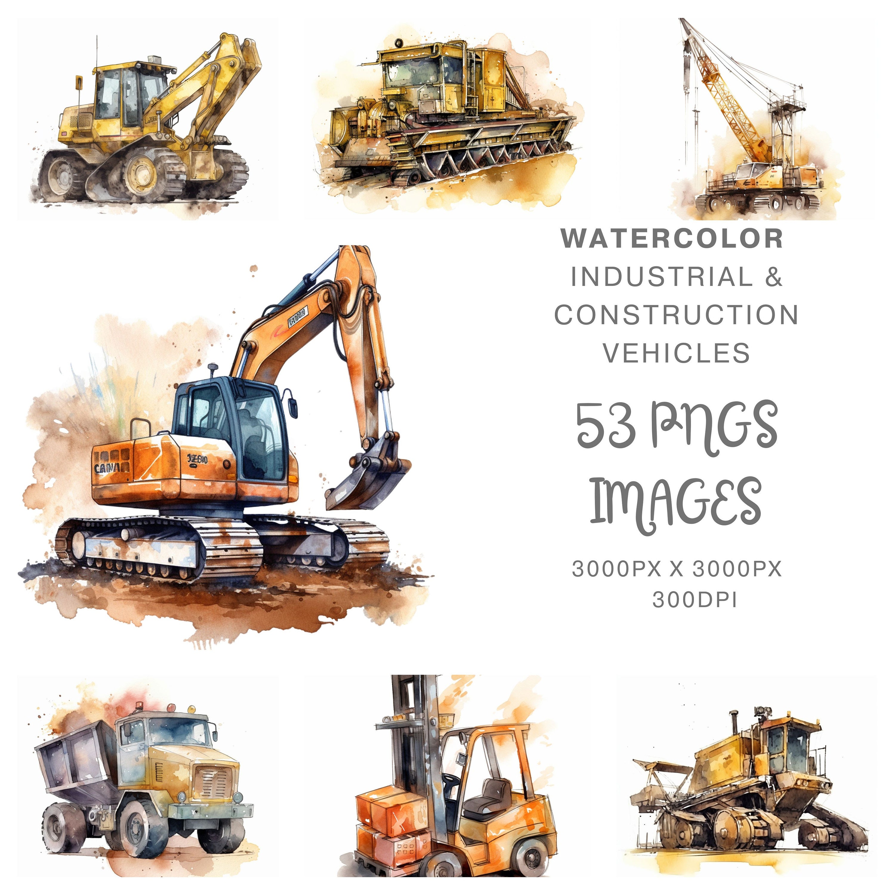 Watercolor Construction Vehicles Clipart Bundle, Excavator Bulldozer ...