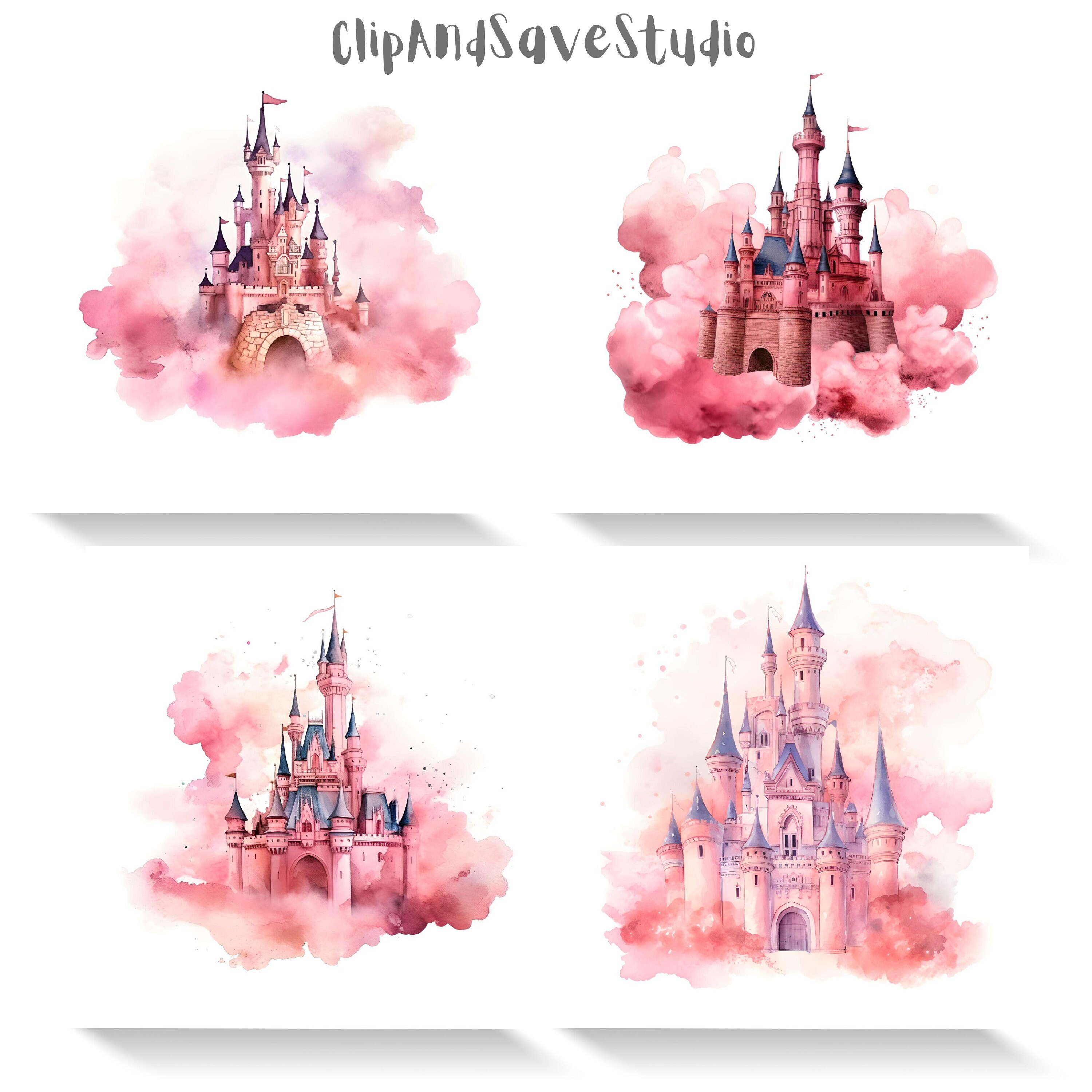 Watercolor Pink Castle on Clouds Clipart Bundlecommercial - Etsy