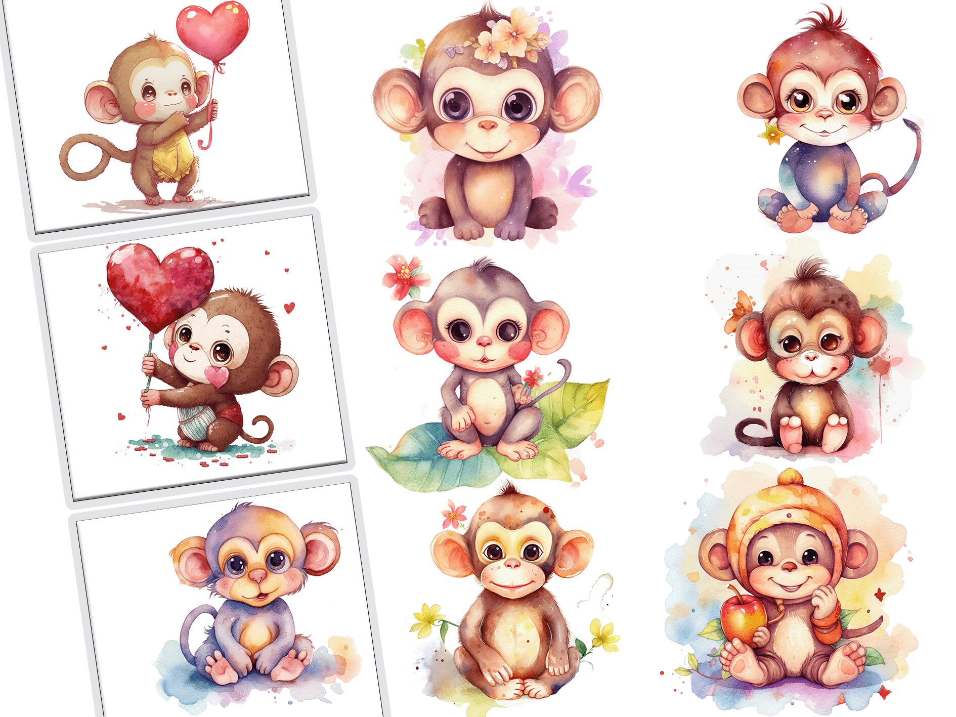 Adorable Watercolor Monkey Clipart Bundle for Commercial Use - Etsy