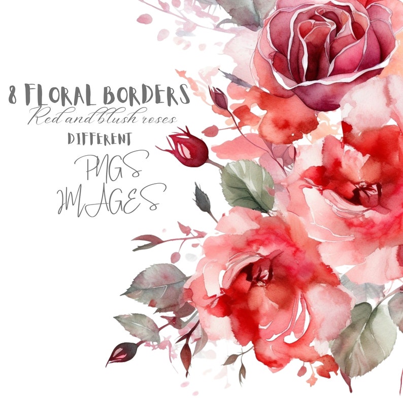 Watercolor Red and Blush Roses Borders Clipart Bundle for - Etsy