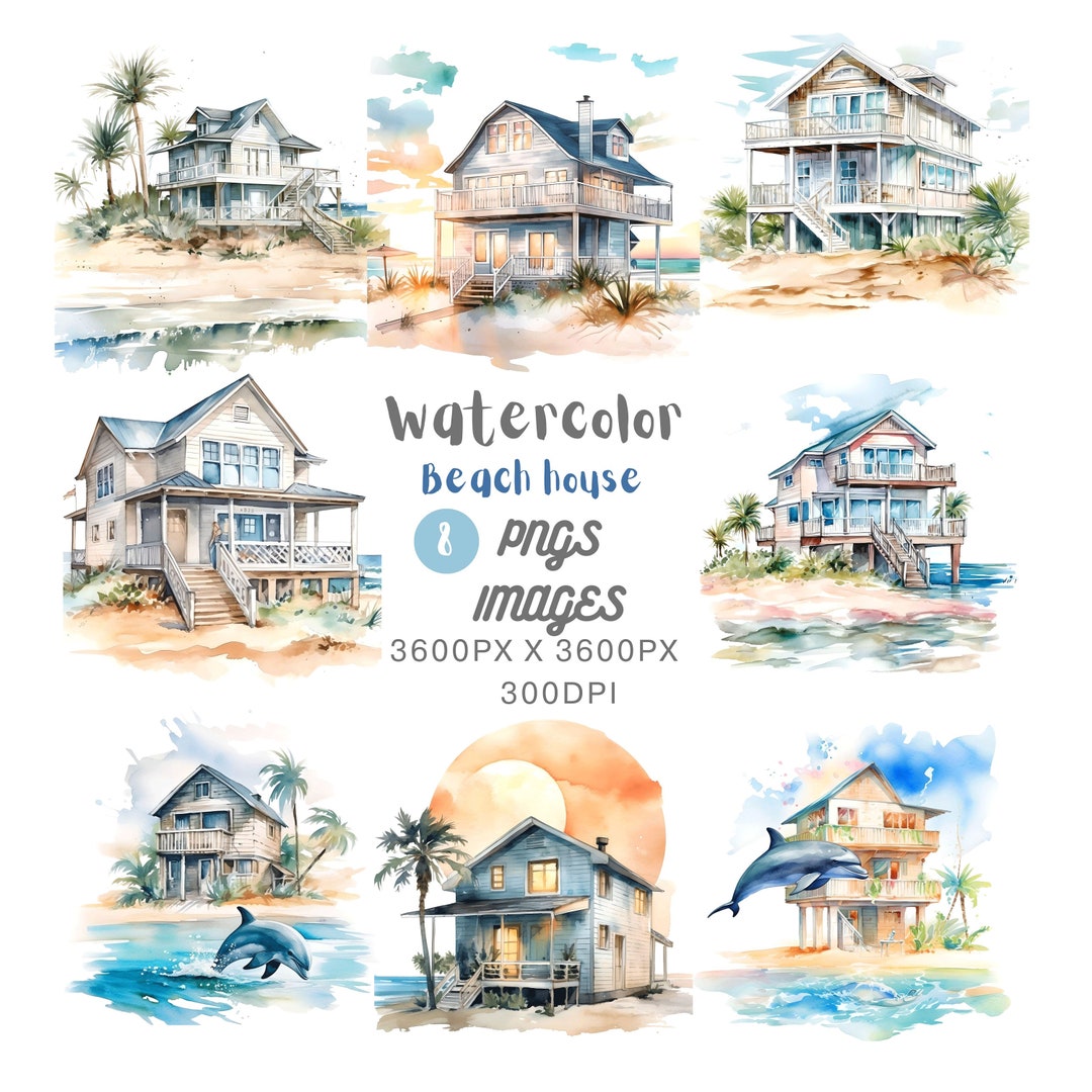 Watercolor Beach House Clipart Bundle, Commercial Use Pngs, Coastal Art ...