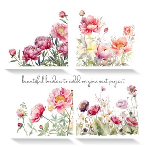 Watercolor Floral Peonies Wildflowers Borders Clipart Bundle,commercial ...
