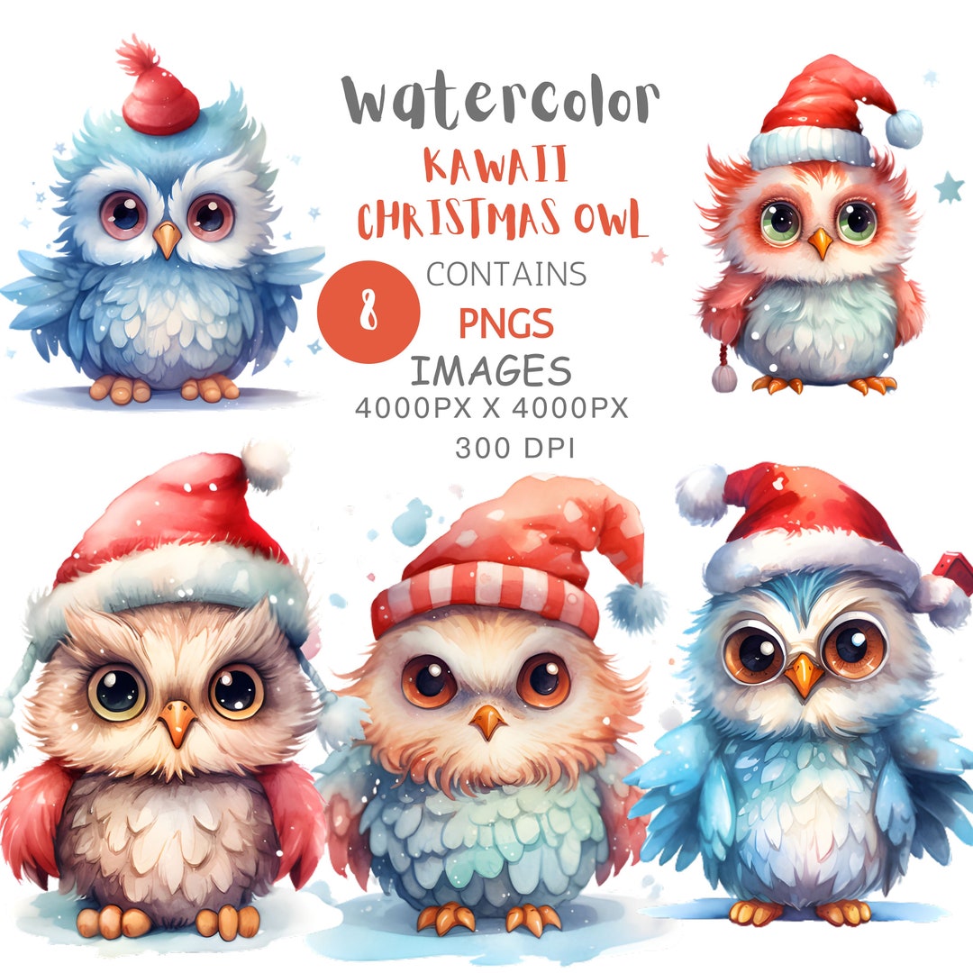 Watercolor Kawaii Christmas Owl Clipart Commercial Use DIY Scrapbook ...
